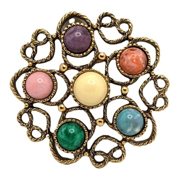 Source Unknown | Jewelry | Multi Colored Stone Gold Brooch | Poshmark
